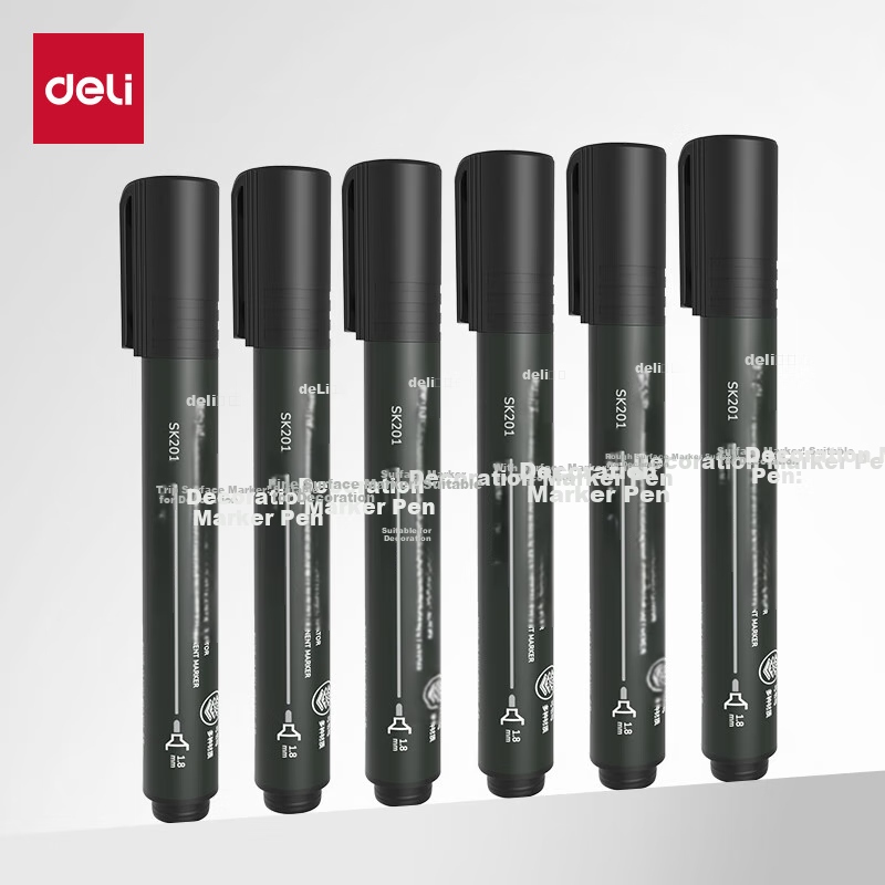 Deli Black Marker Pen for Home Decoration and Marking, Rough Surface Marking, Durable and Wear-resistant, Suitable for Office Supplies and Logistics Industry, Black, 10 Pens/Box, SK201