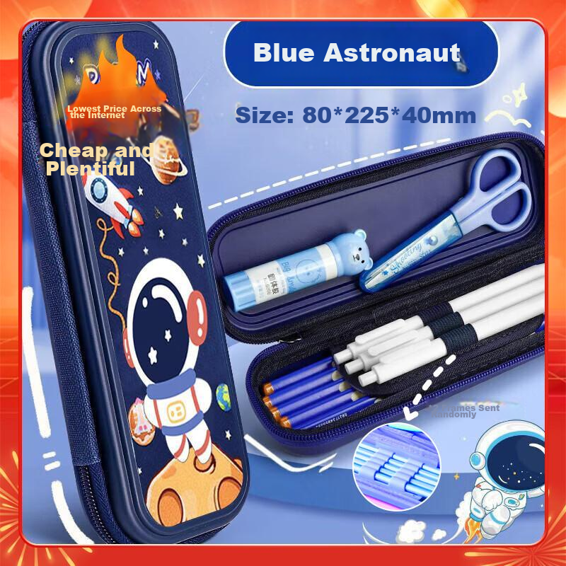 [Lowest Price Online] Licao Pencil Case for Boys, Cartoon Stationery Box for Elementary School Students, Large Capacity Layered Anti-Pressure Drop-Resistant Children's Learning Pencil Case, Blue Astronaut Design