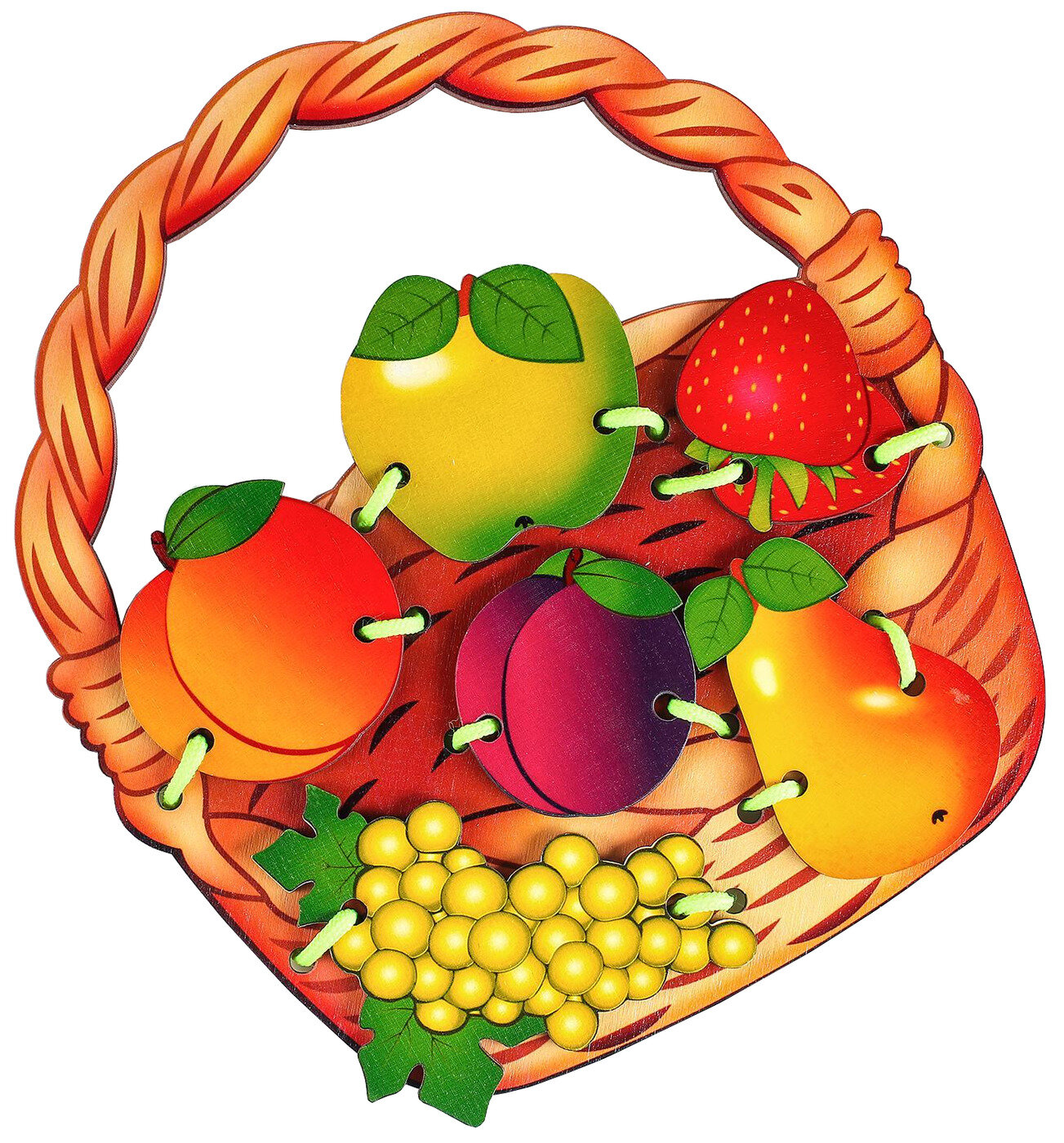 Развивающая игра-шнуровка "Корзина с фруктами", развитие мелкой моторики рук и координации движений, игровой набор из деревянных элементов, дидактическая игрушка для малышей по методике Монтессори