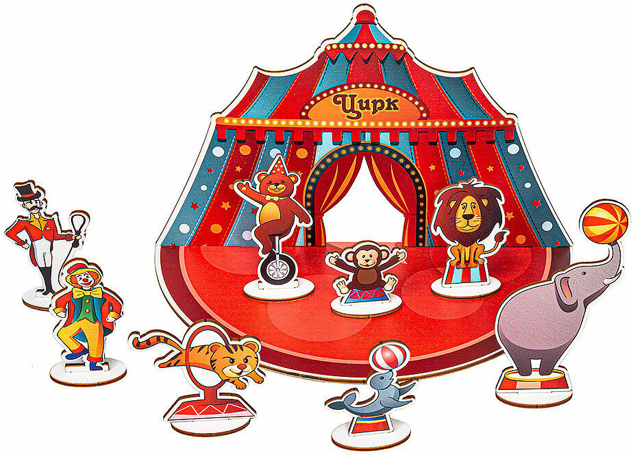 Настольный кукольный театр Smile Decor "Цирк", сюжетно-ролевой набор с фигурками из дерева и карточками