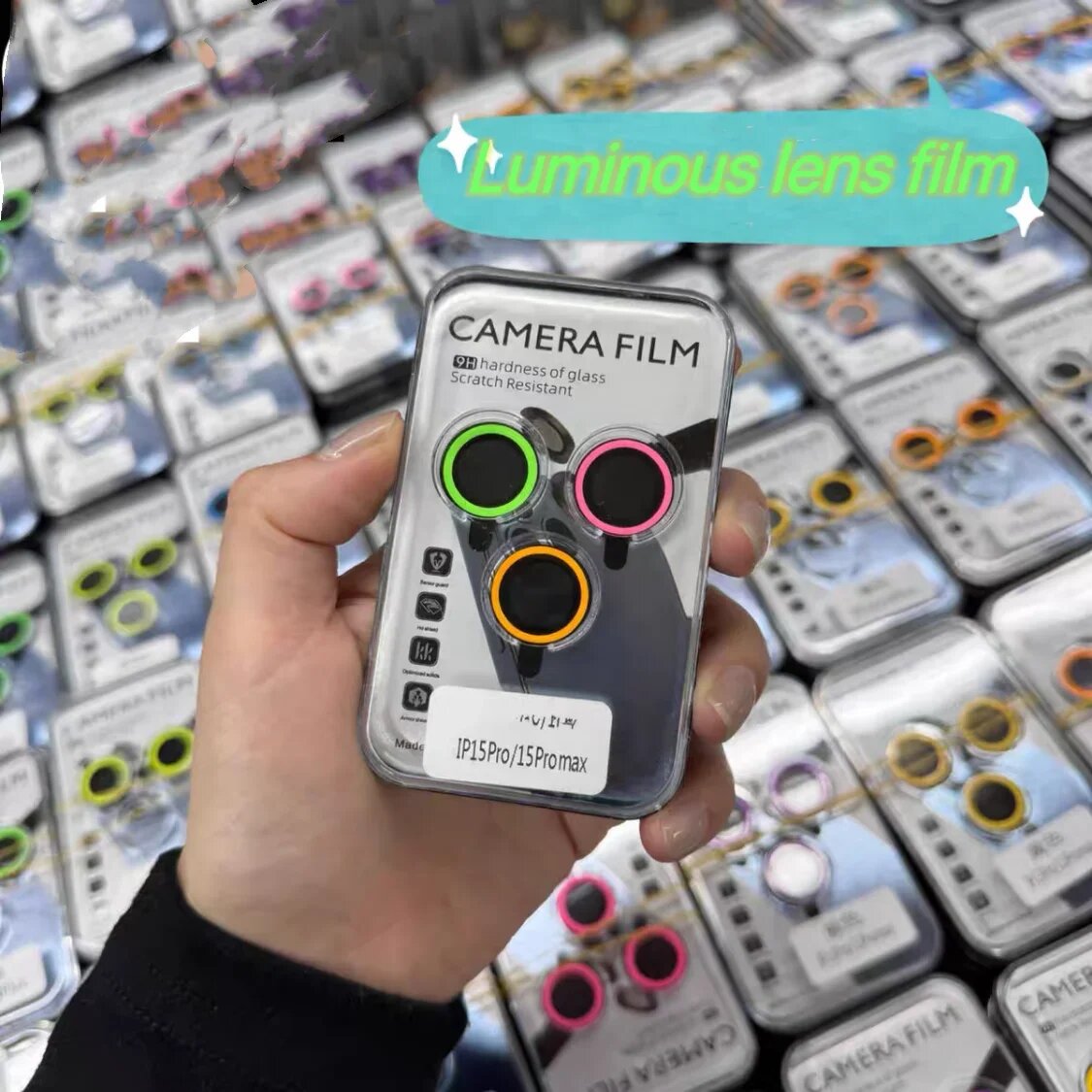 Светящаяся пленка для камеры iPhone 15/16 Pro/Max (3шт, Green Pink Orange)