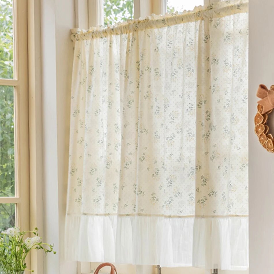 Короткие шторы из французского шифона с рюшами, полузанавеска с цветочным принтом для пирсинга, кухни, кафе, гостиной, занавеска для эркера, шкафа, Ivory chiffon ruffle, W140xH140cm, Rod Pocket