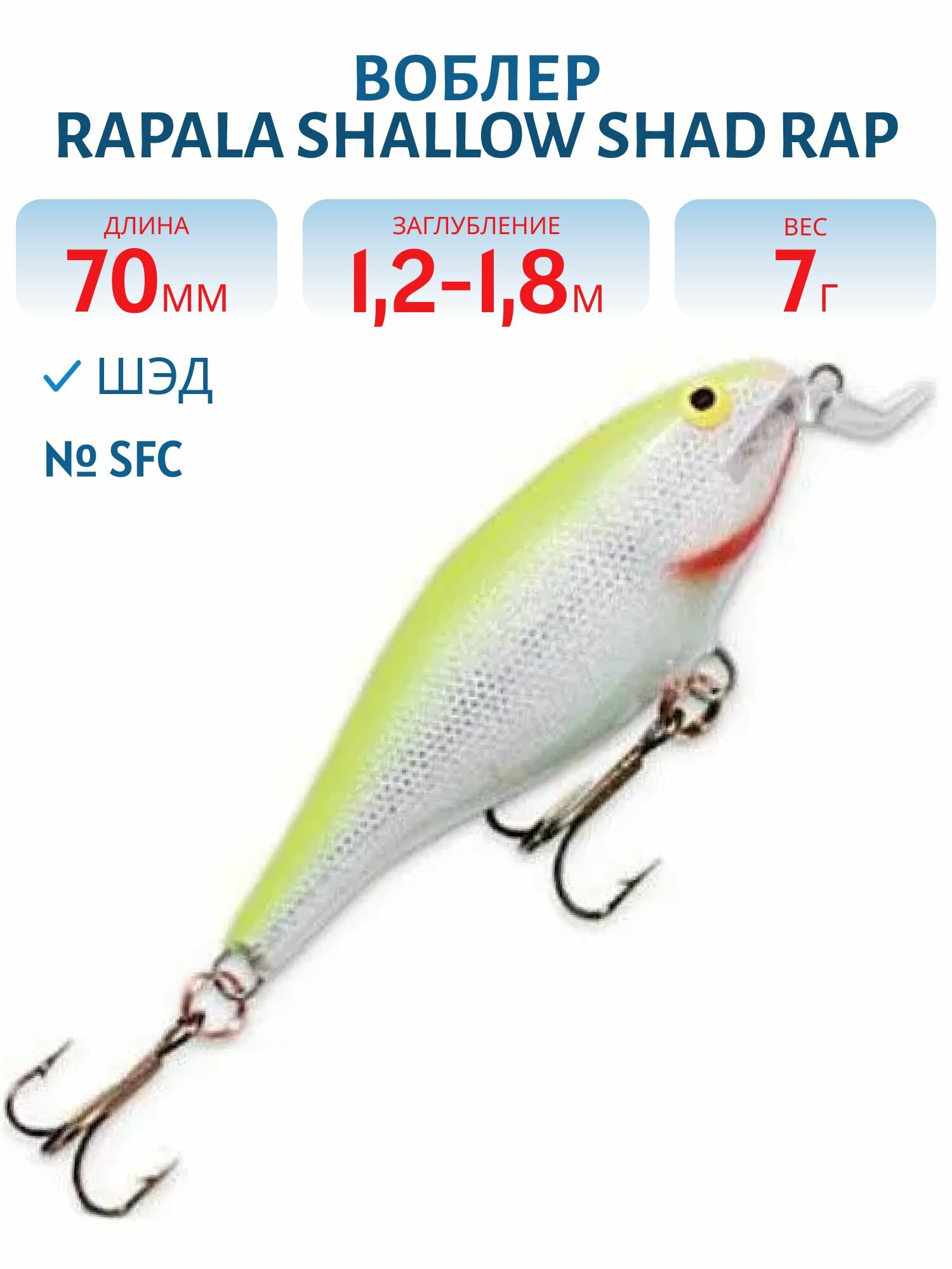 Воблер Rapala Shallow Shad Rap 07, 7 гр, цвет SFC