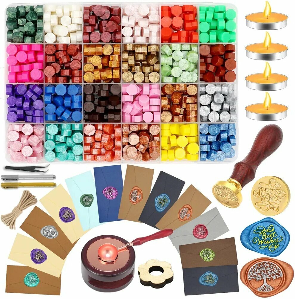 Подарочный набор всё для Сургучной печати , 600 гранул,24 цвета, 2 Штамп, 4 свечи, ложка для плавки, 2 маркеры, сургучница