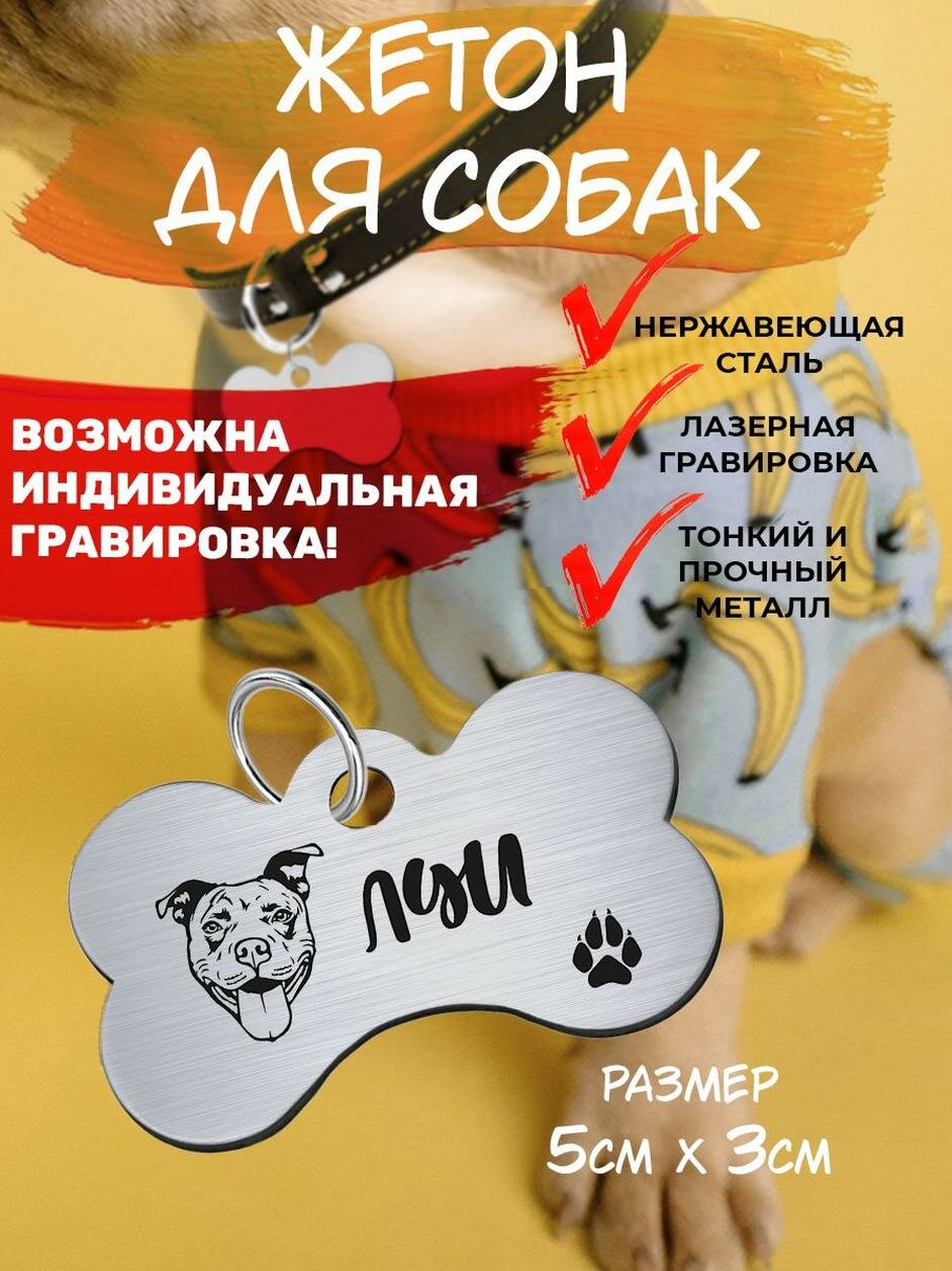 Брелок для собак с гравировкой, серебристый, стаффордширский терьер Луи