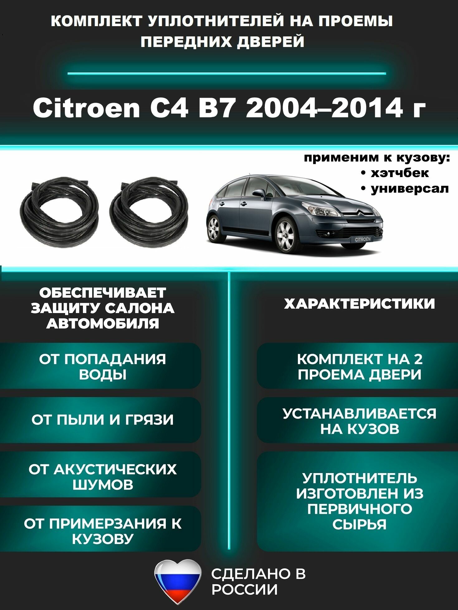 Комплект уплотнителей проема передних дверей, подходит на Citroen С4 B7 2004-2014 г, Ситроен С4 -2 шт
