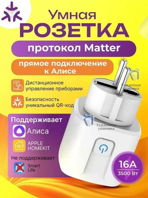 Умная розетка Matter Smart Plug для умного дома, совместимая с Алиса и Google Home, управление голосом и таймером, работает без интернета, простая настройка через одно приложение