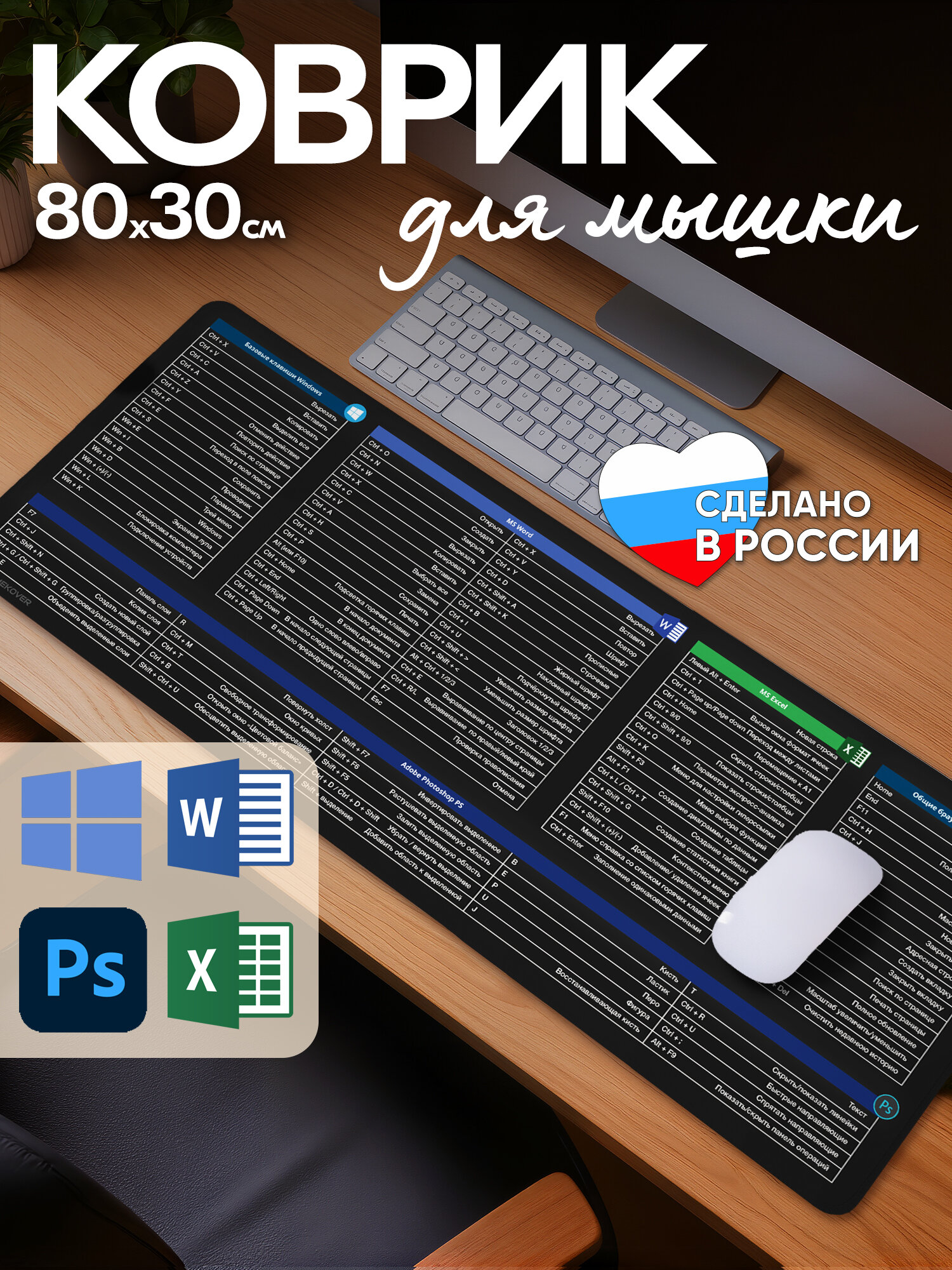 Коврик для мышки Горячие клавиши 80x30 см игровой, нескользящий, прошитые края