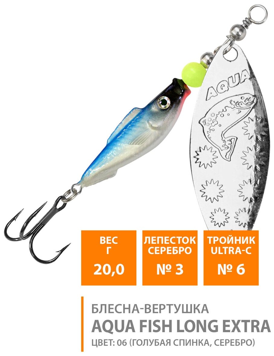 Блесна вертушка для рыбалки AQUA Fish Long Extra-3, 20g лепесток №3 цвет 06
