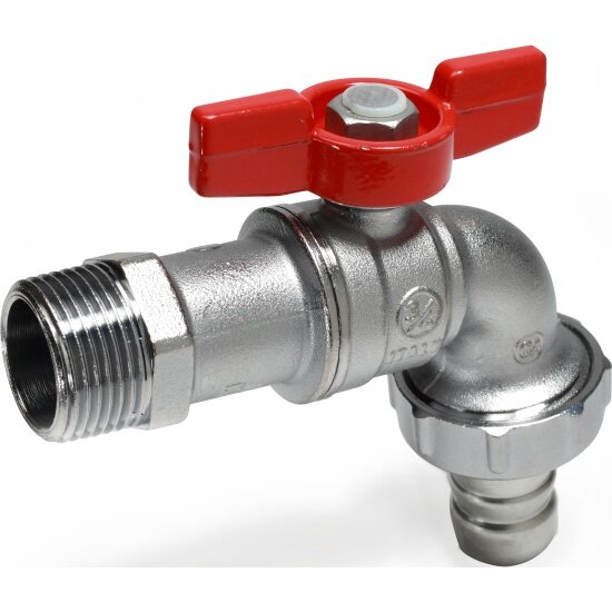 Кран шаровой Giacomini , R620, 1", Н, ручка-бабочка красная, хромированный, для садового шланга с выводом для резин. шланга