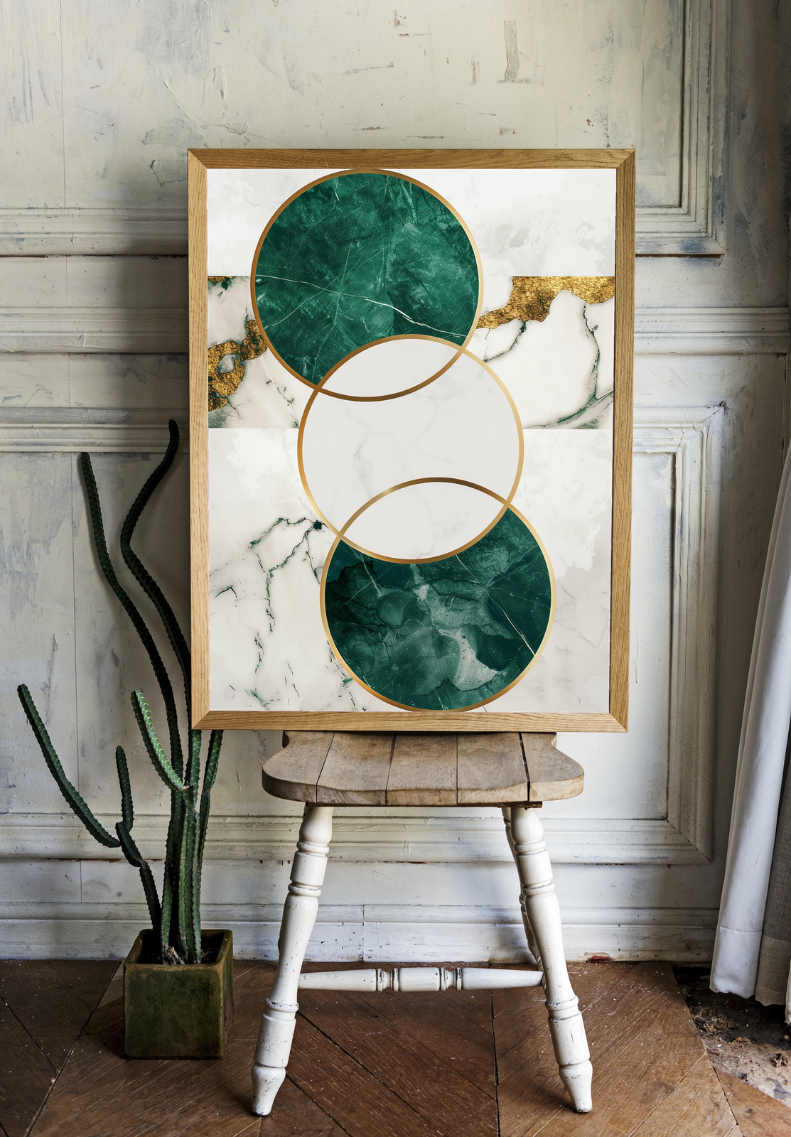 Постер "Абстрактная композиция с зелеными кругами" 50x70 в раме