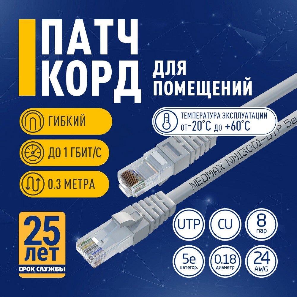 Патч-корд интернет кабель NEOMAX кат.5e 0.3м