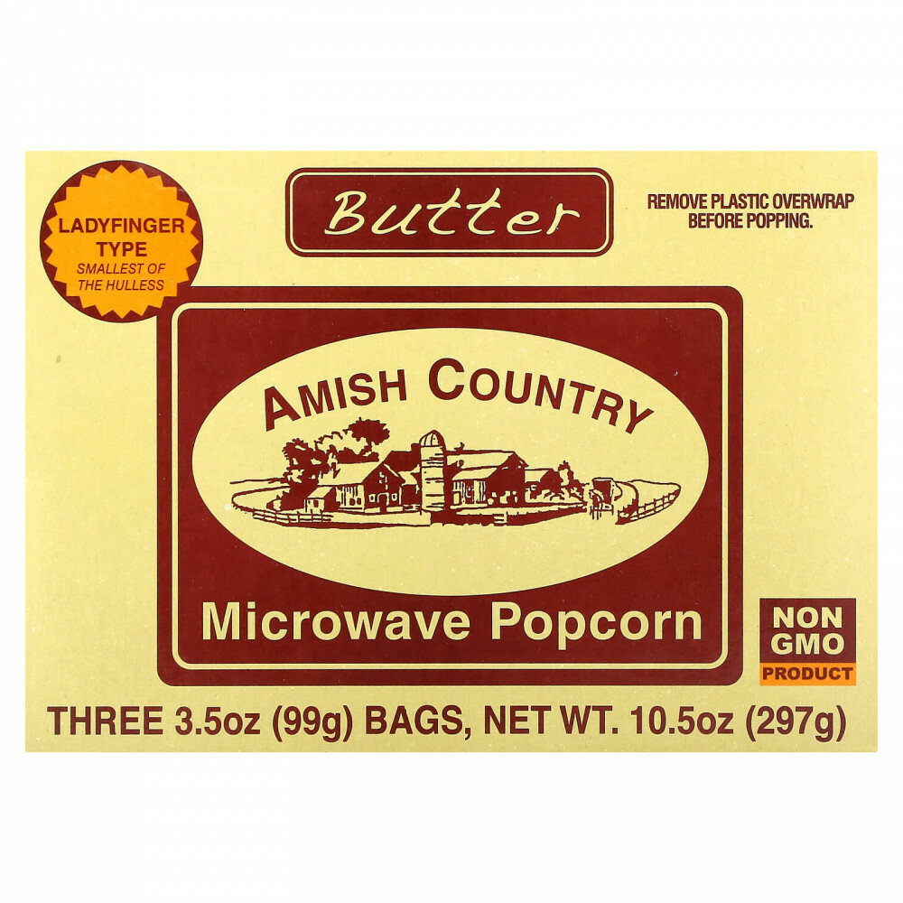 Amish Country Popcorn, попкорн для микроволновой печи, со сливочным маслом, 3 пакетика по 99 г (3,5 унции)