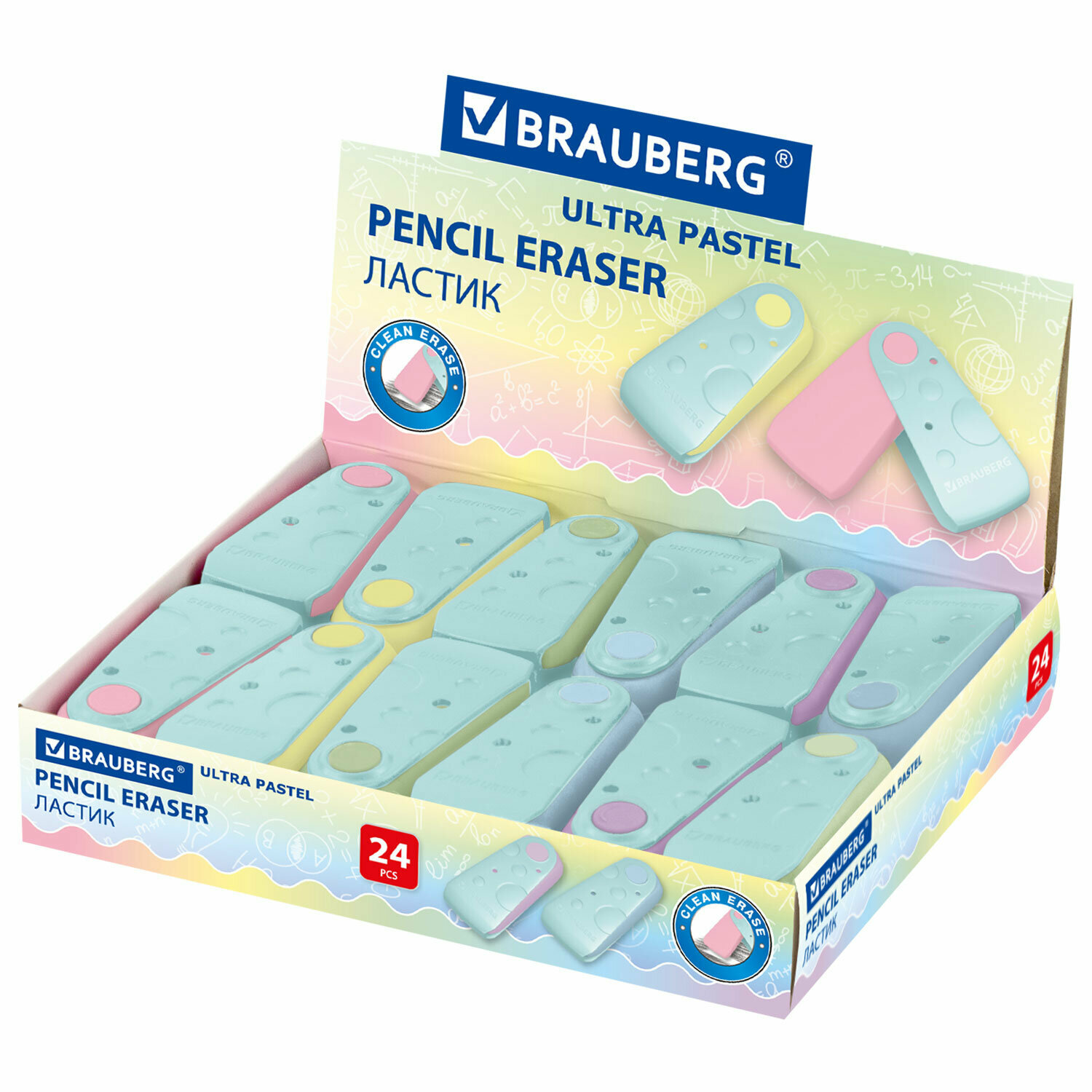 Ластик BRAUBERG "ULTRA PASTEL", 57х24х15 мм, пастельные цвета ассорти, бирюзовый пластиковый держатель, комплект из 24 шт, 272688