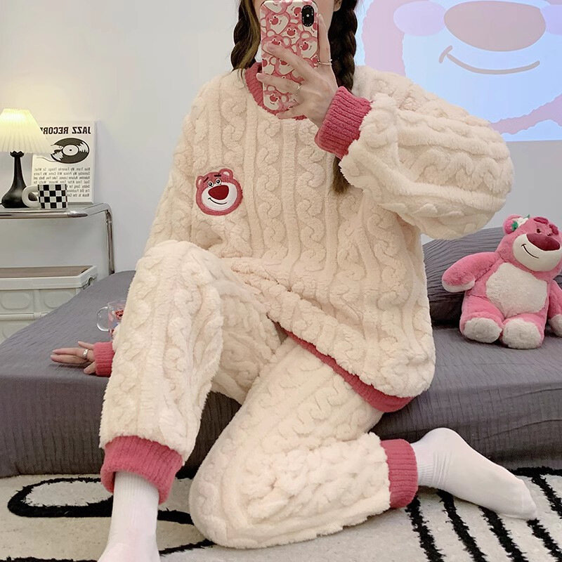 Милая фланелевая пижама для девочек, зимний новый стиль 2025 года, домашняя одежда из кораллового флиса, женский комплект из двух предметов, размер：XL