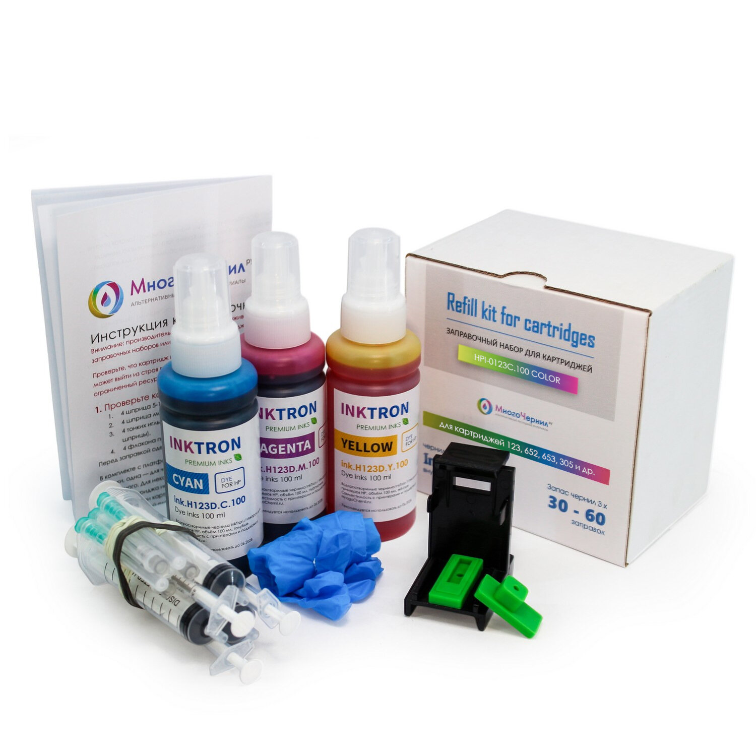 Заправка трехцветного картриджа для HP DeskJet 2800, 2875, 6075, 6475, набор для заправки HP 653, InkTron 3 х 100 мл