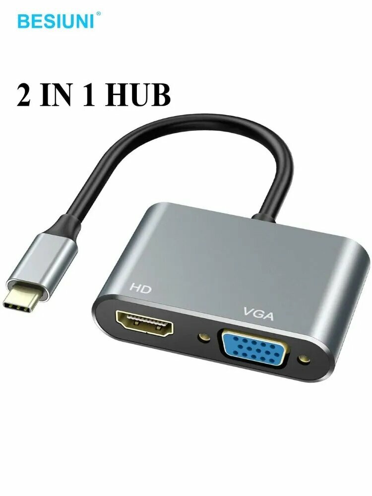 USB Type-C Hub 2-в-1: переходник на HDMI 4K UHD и VGA FHD для компьютера и телефона (совместим с S10, MacBook Pro, Lenovo)