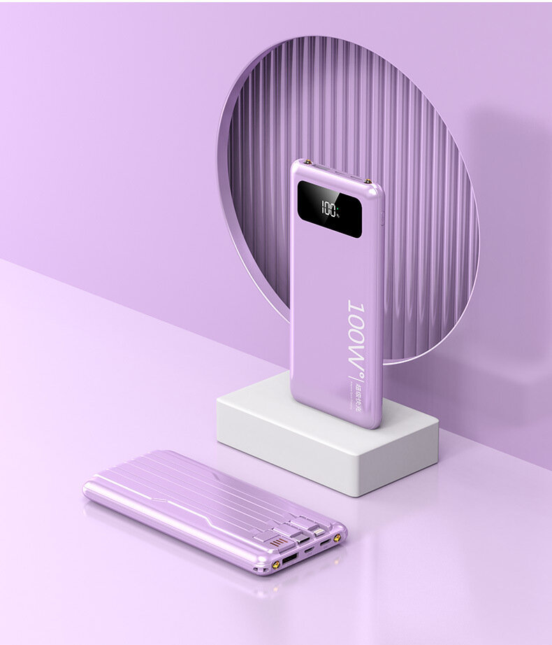 100W Супер Быстрая Зарядка Встроенный Кабель Power Bank Большой Емкости 20000mAh Компактный Портативный Мобильный Источник Питания