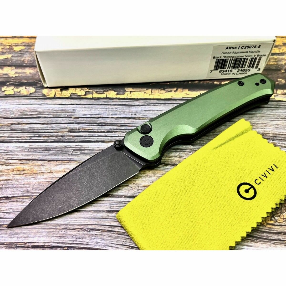 Нож складной Civivi C20076-5 Altus, Black Stonewashed Nitro-V Blade, Green Aluminum Handle