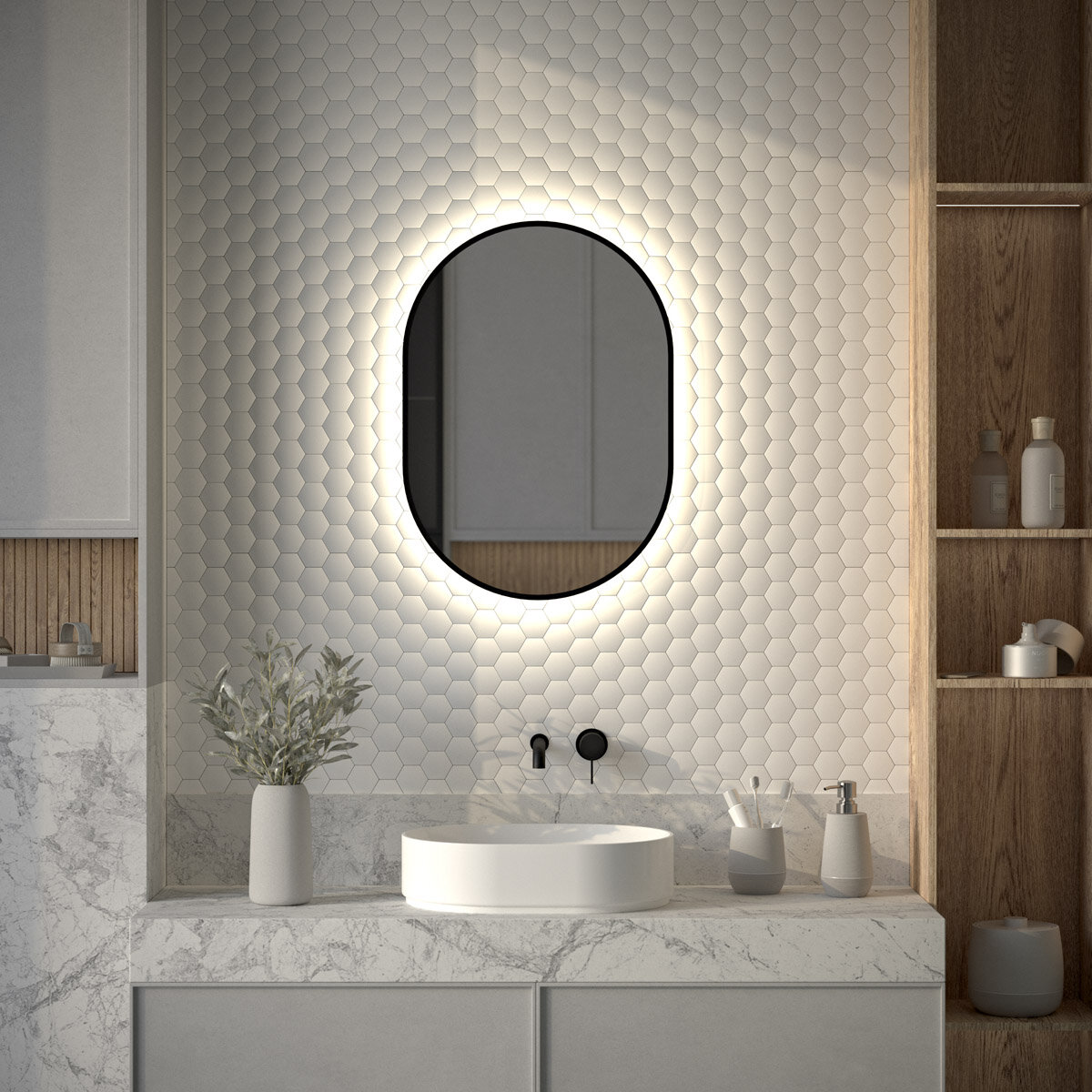 Зеркало с окантовкой и LED-подсветкой настенное AURA DEFESTO 50x70 см (Без выключателя), для гостиной, прихожей, спальни, кабинета и ванной комнаты, DF 2923