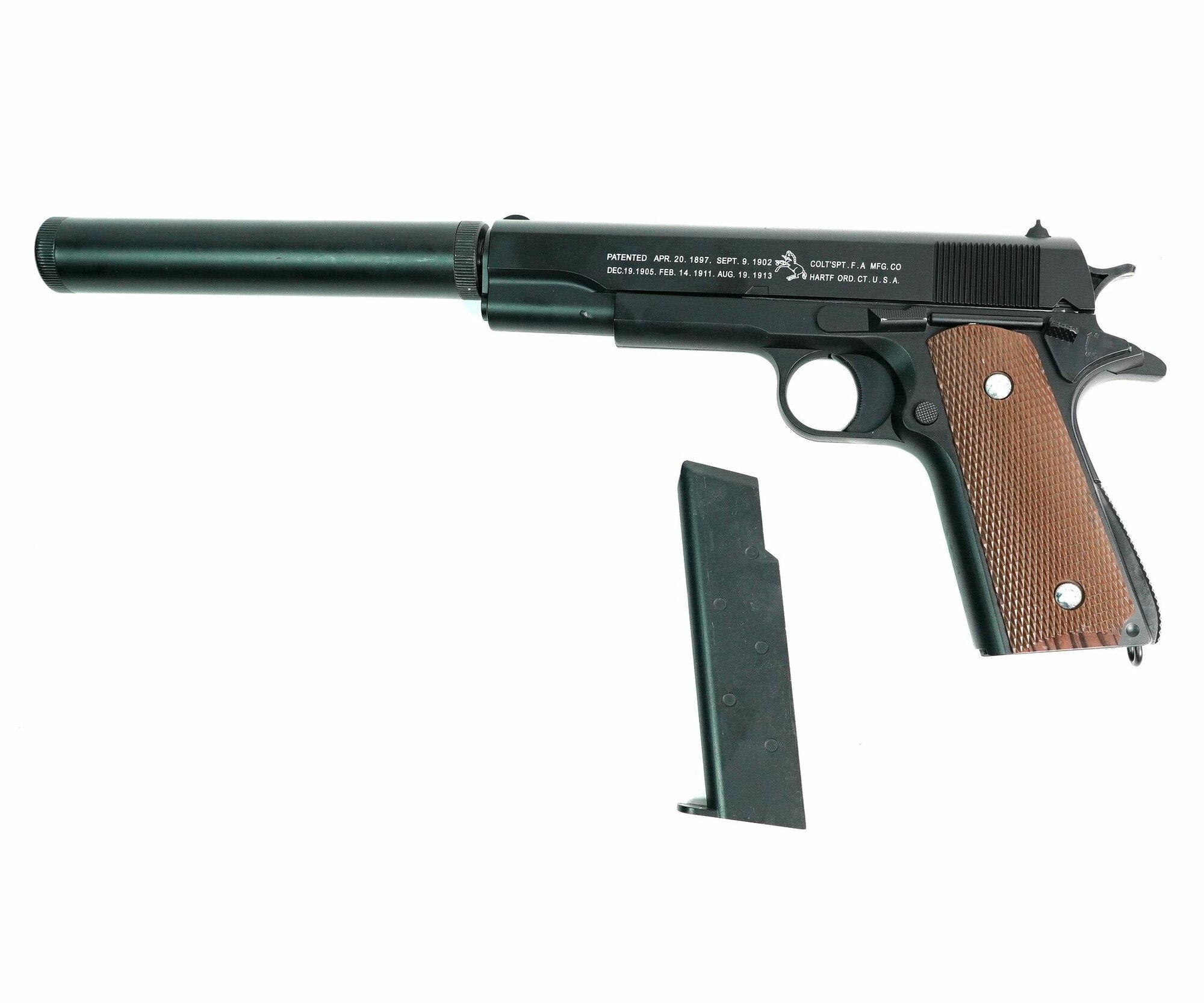 Страйкбольный пистолет Shantou C.1911A+ (Colt 1911, с глушителем) спринговый.
