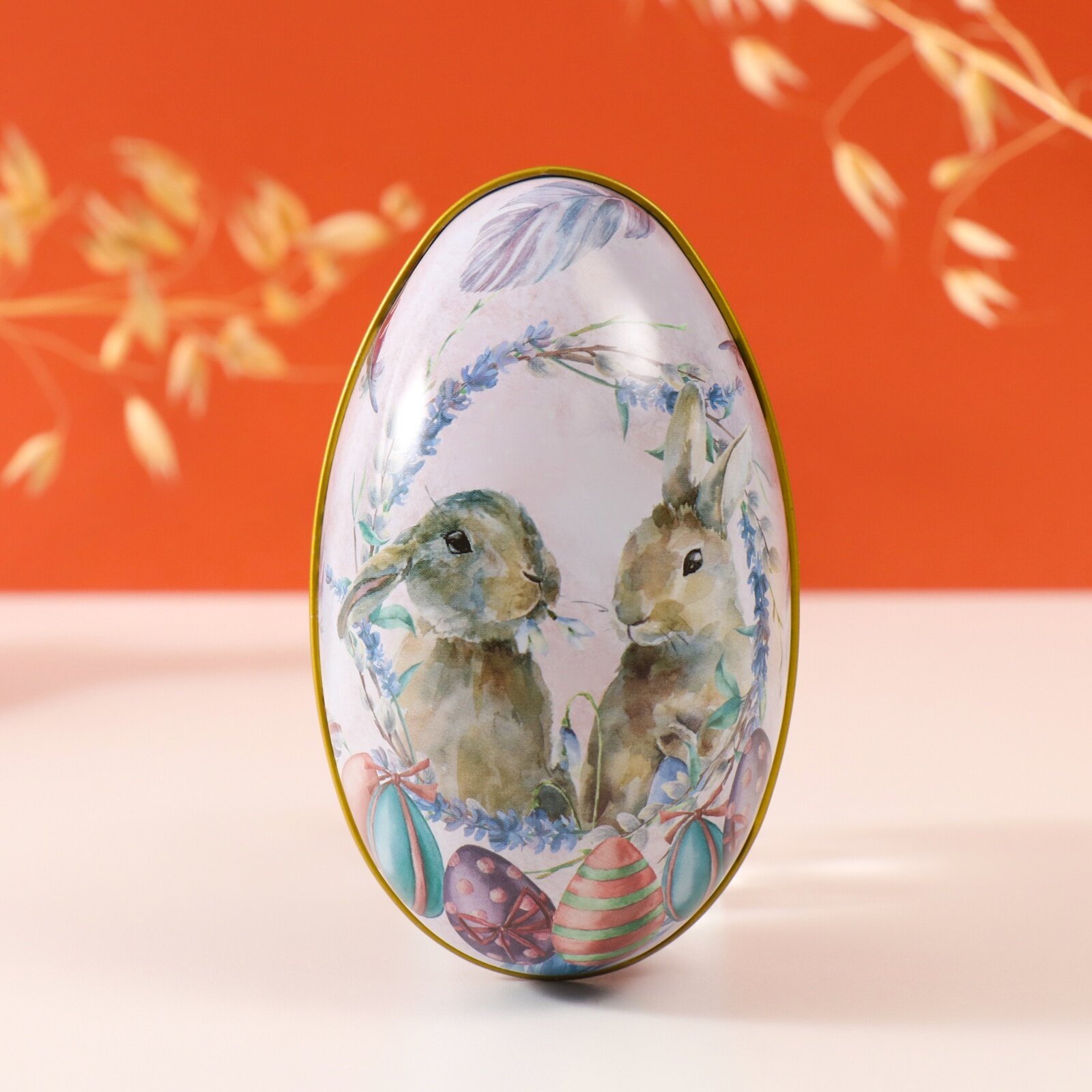 Металлическая шкатулка - яйцо «Два пасхальных зайчика», для украшений, хранения мелочи, 7×6.5×11 см