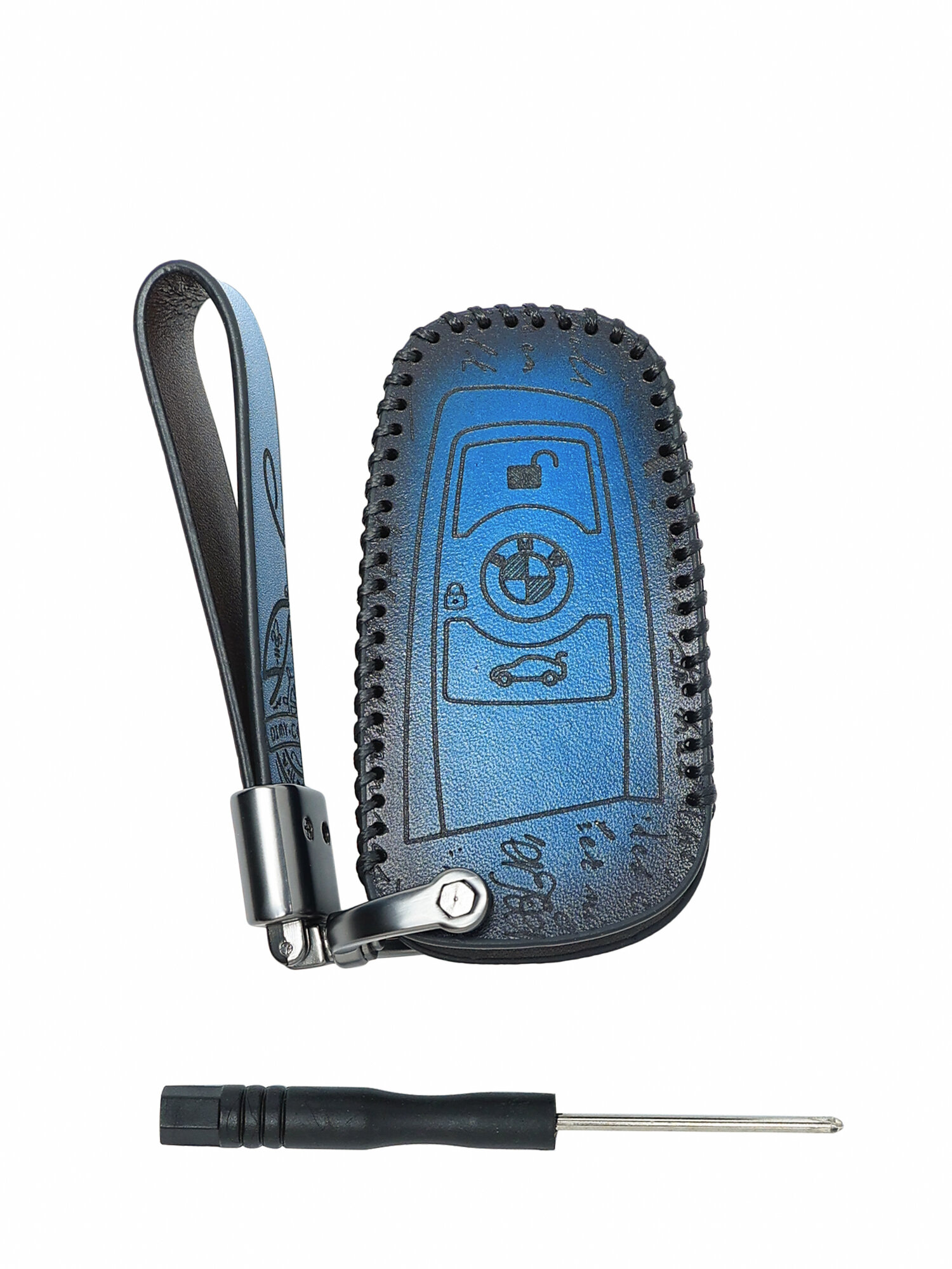 Чехол для автомобильного ключа BMW (БМВ) Цвет Синий Нить Черная