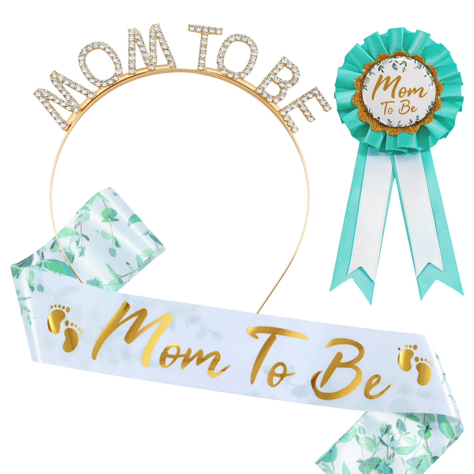 Набор для вечеринки "MOM TOBE", повязка, значки, корсаж, золотистая лента, зеленый