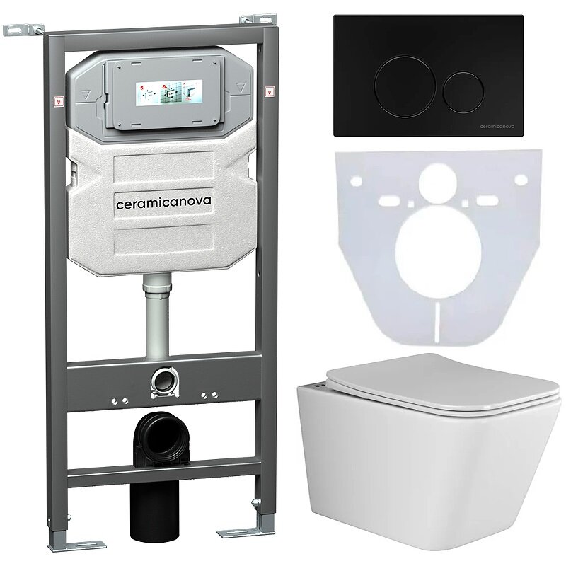 Комплект инсталляции 4 в 1 Ceramicanova Подвесной унитаз Metric Rimless арт. CN3007 + Шумоизоляционная панель для инсталляции арт. CN1000 + Система инсталляции для унитазов CERAMICANOVA Envision с кнопкой смыва Round цвет черный матовый и креплениями, арт