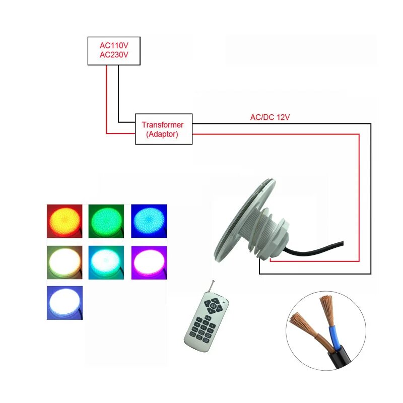 Светодиодный подводный прожектор для бассейна HKGOLDTURE 2 дюйма 25-60Вт RGB with remote, 42W