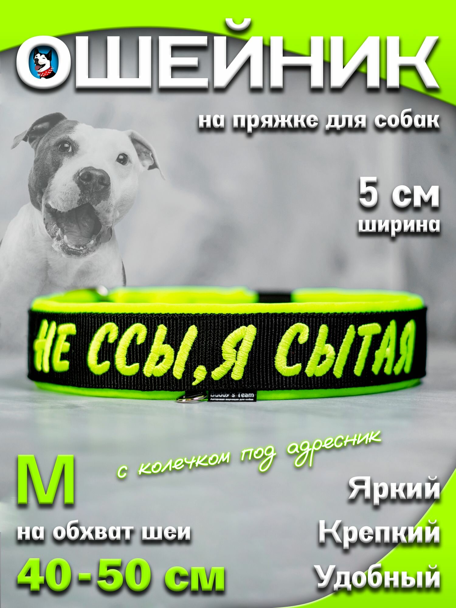 Ошейник для собак Buddy team на пряжке, с вышивкой НЕ ССЫ Я сытая, ширина 5 см, с мягким подкладом для средних и крупных пород, размер M