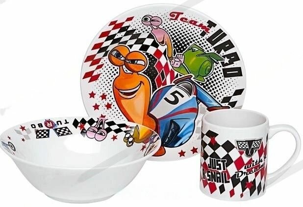 Набор детской посуды И-контакт "Турбо", кружка 350 мл, миска, тарелка, керамика (TUS3-1)