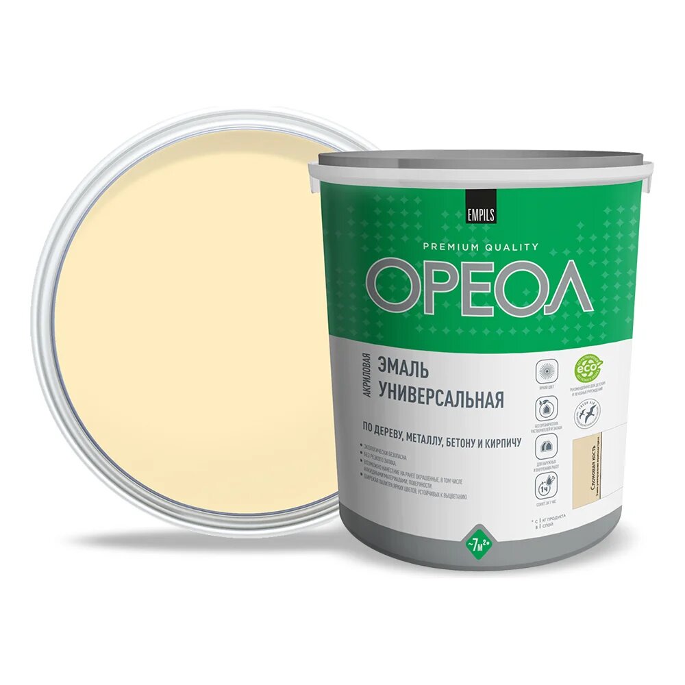 Эмаль акриловая ореол универсальная глянцевая слоновая кость 2.5 кг 85899, окрашивания