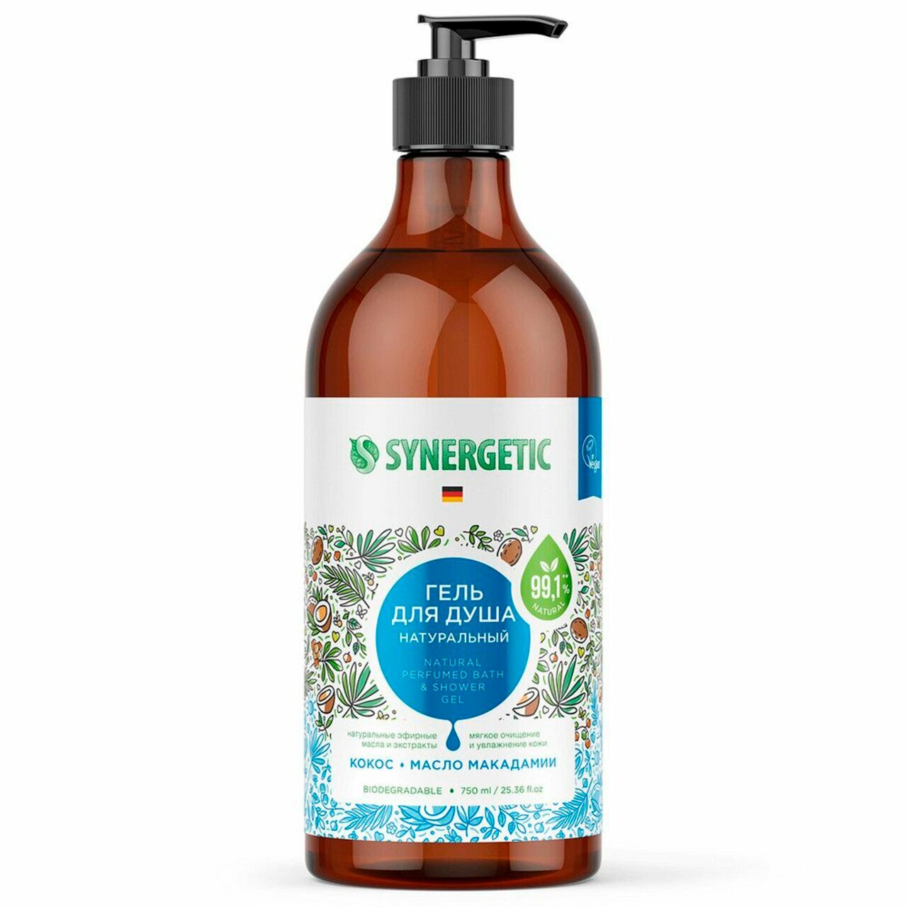 SYNERGETIC биоразлагаемый гель для душа с кокосовым маслом и маслом макадамии 750 мл