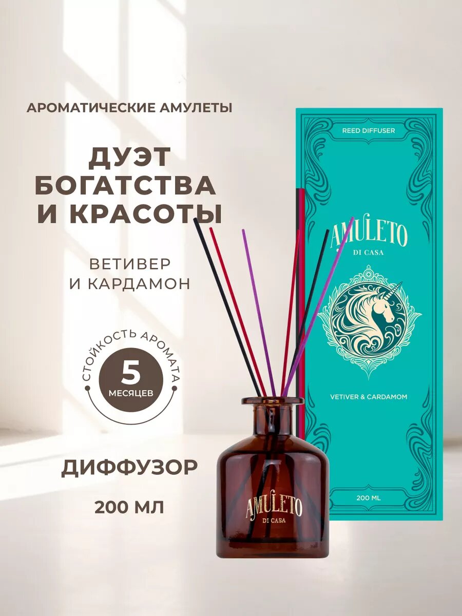 Диффузор ароматический с палочками для дома "Ветивер и Кардамон", Amuleto Di Casa, Турция