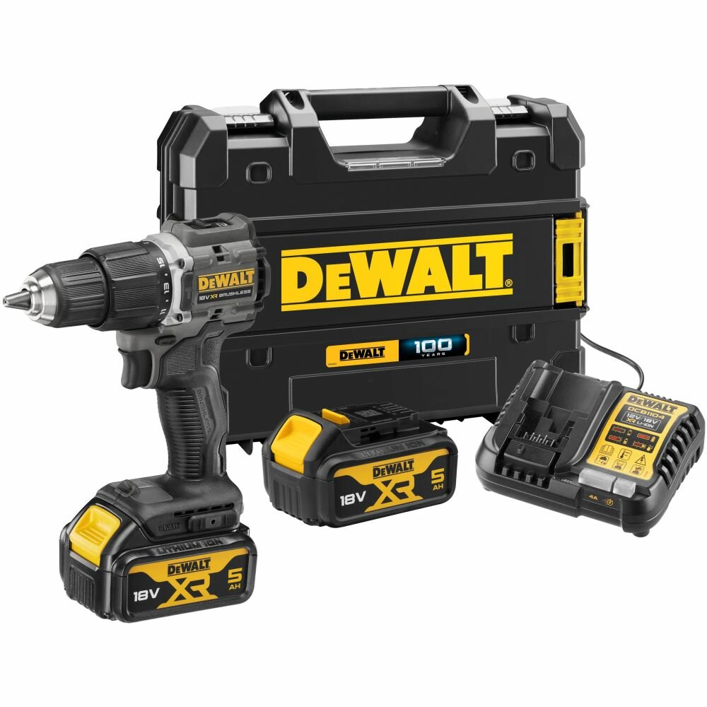 Ударная дрель-шуруповерт DEWALT DCD100P2T, 18 В, 1650 об/мин, 28050 уд/мин, с 2 АКБ 5 Ач и ЗУ, в кейсе TSTAK (DCD100P2T-QW)