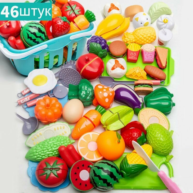 Игрушечные овощи и фрукты 46 предметов, игровой набор режем на липучке, с доской и ножом, игрушка развивающая, логическая