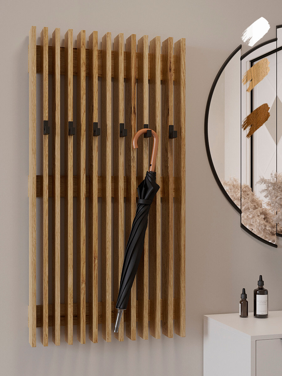 Вешалка рейки настенная с крючками, реечная панель настенная, Дуб Делано