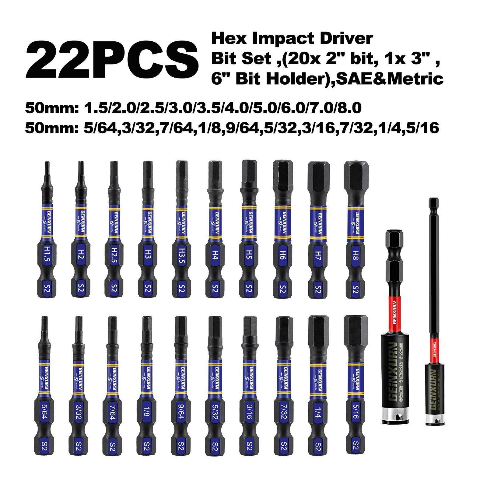 Geinxurn 2-дюймовый набор бит с шестигранной головкой из смешанной (метрической и SAE), набор бит для шестигранной отвертки из стали S2 с держателем бит 3/6 дюймов