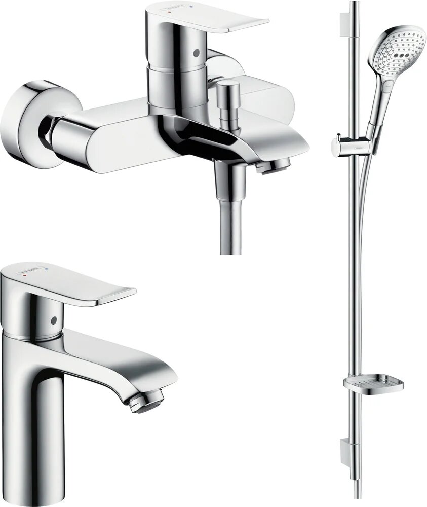 Комплект для ванной Hansgrohe Metris 31080000 3 в 1, со смесителем, с изливом, латунный, хром, белый, глянцевый, душевая система