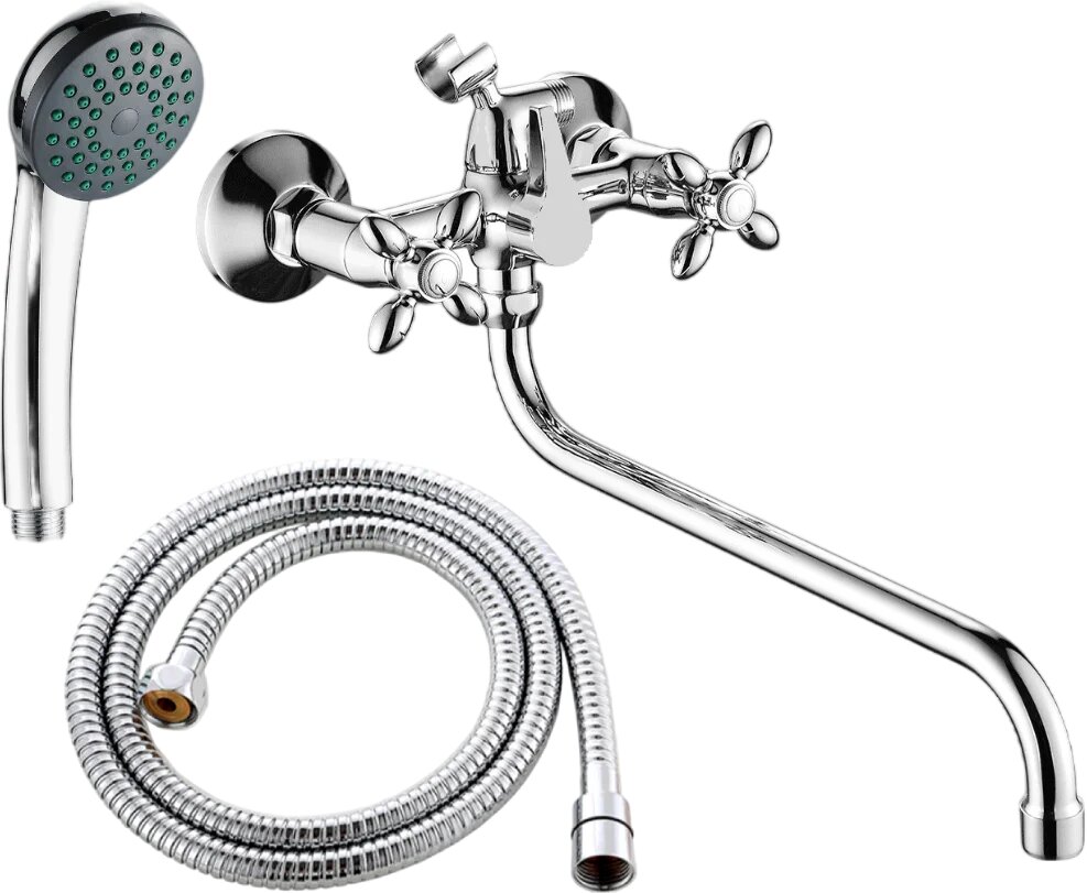 Смеситель с длинным изливом для ванны Fashun A2227-2 с душевым гарнитуром, поворотный, латунный, хром, глянцевый, смеситель для ванны с душем, вентильный