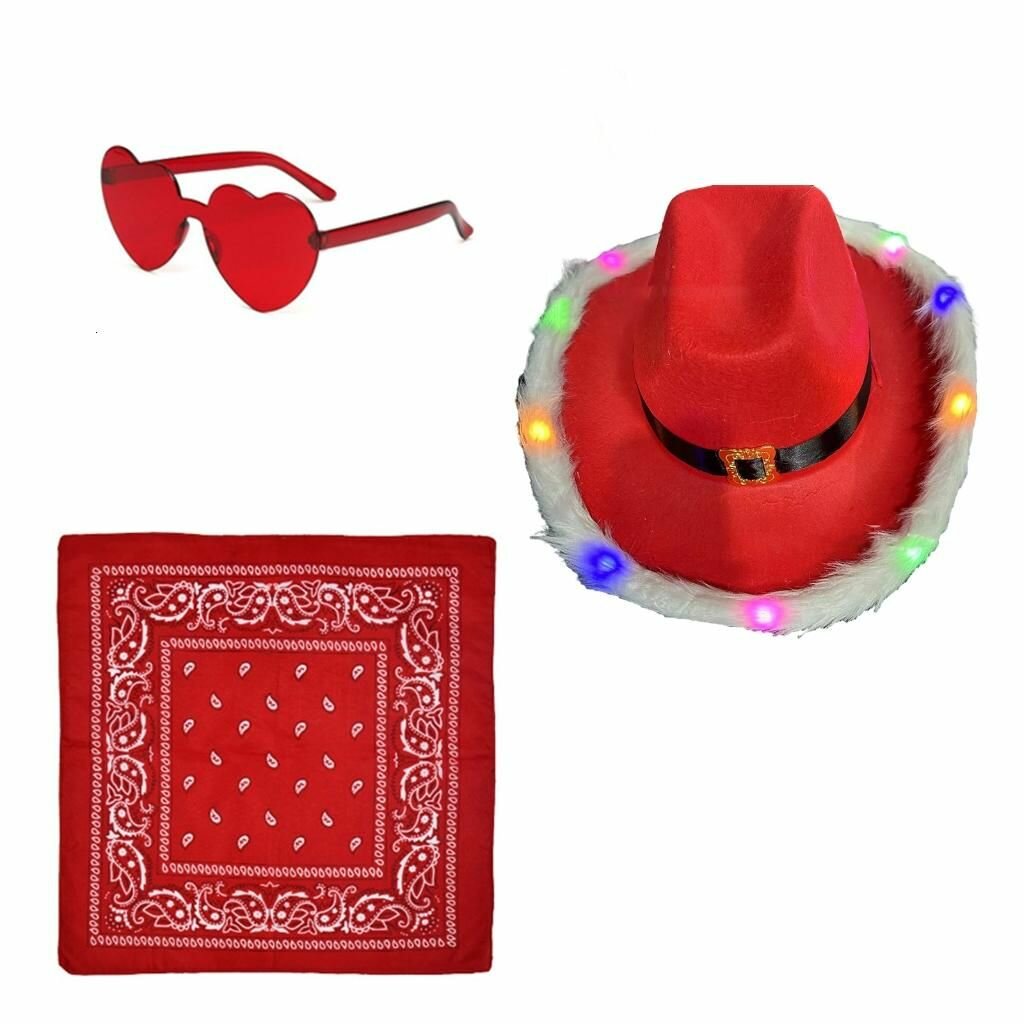 Рождественский светодиодный фонарь, ковбойская шляпа, квадратный шарф с кешью, очки с персиковым сердцем, набор из трех предметов ()-фонарь