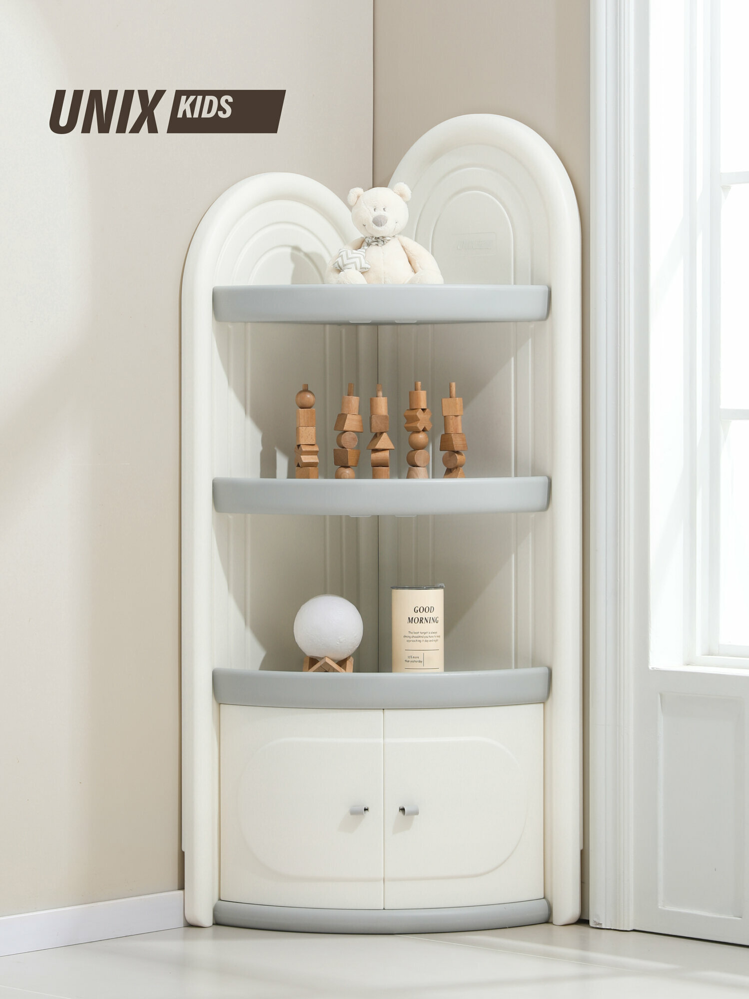 Угловой детский стеллаж напольный для игрушек и книг UNIX Kids Corner Grey пластиковый 44,5 х 39 х 138 см