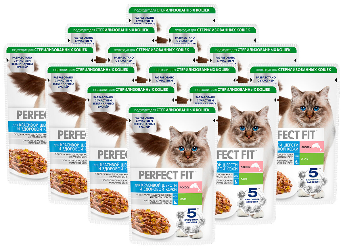 Корм влажный Perfect Fit для взрослых кошек для красивой шерсти и здоровой кожи, лосось в желе, пауч, 75 г х 12 шт