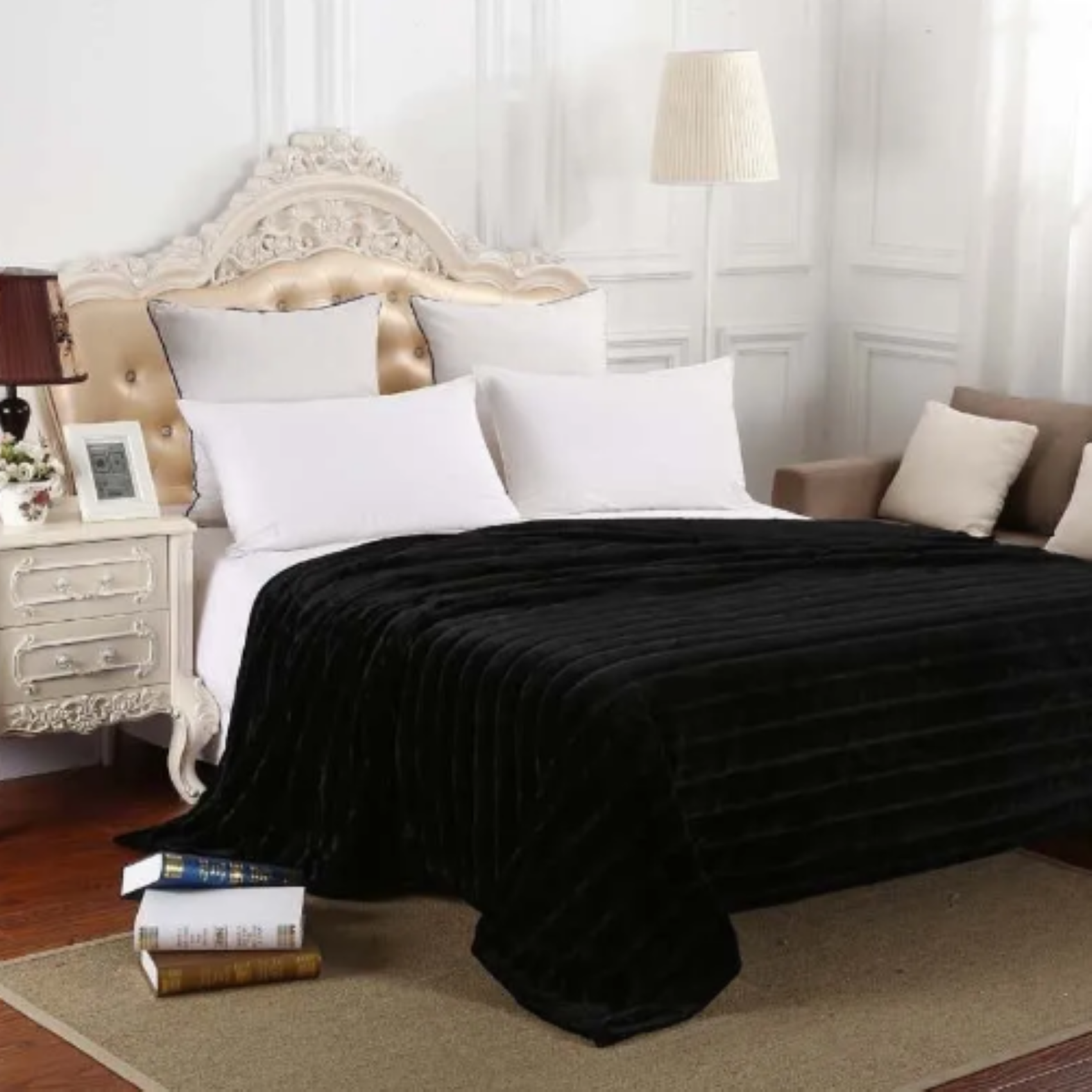 Плед Кролик двусторонний 200*220 см искусственный мех, велсофт, покрывало, подарочная сумка, черный