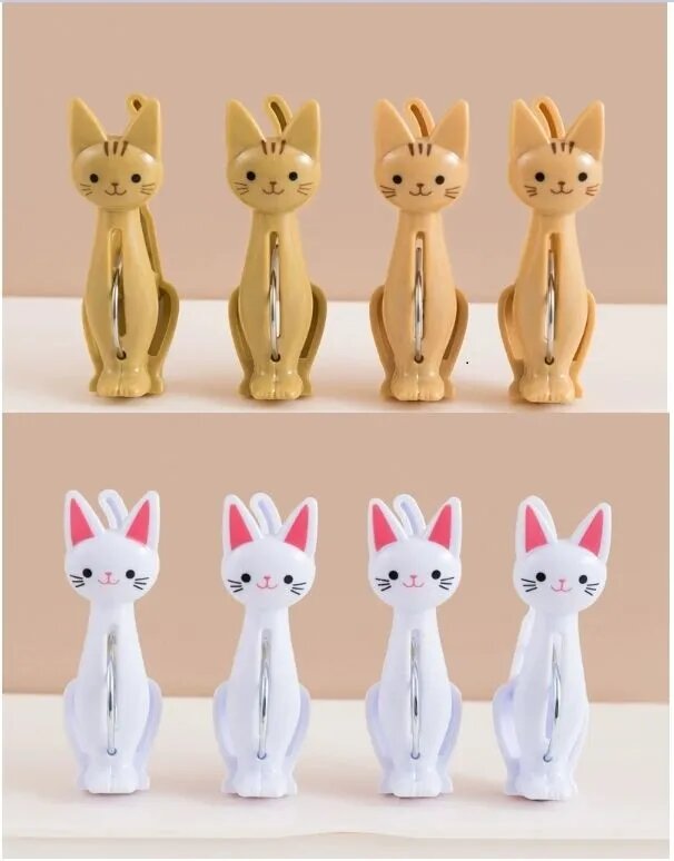 Прищепки для белья 8 шт. Пластиковые, 6 см, в виде кошек, бежевые и белые