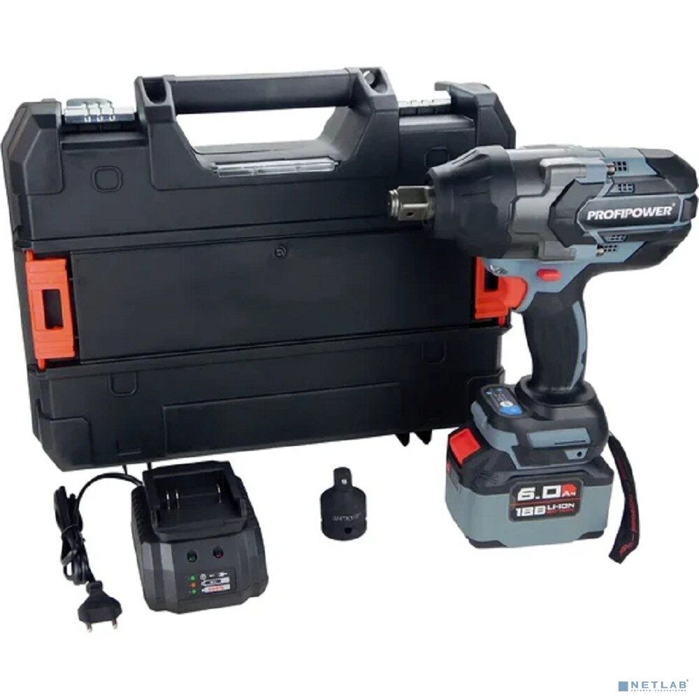 Аккумуляторный бесщеточный ударный гайковерт PROFIPOWER T-1200N (20В, Li-ion-1шт, 6.0Ач, 1200Нм, переходник 3/4"-1/2", З/У, в кейсе) [E0244]