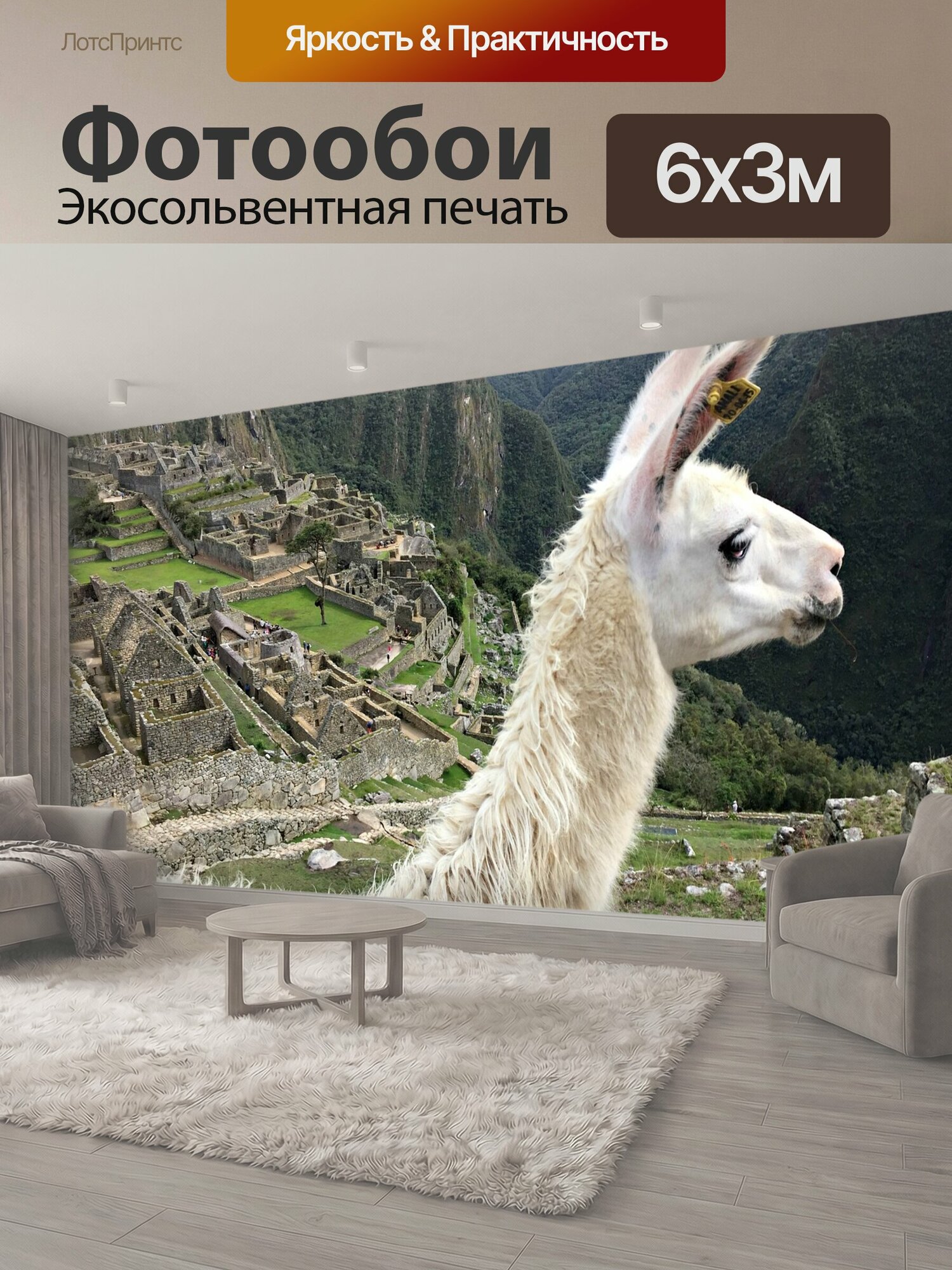 Фотообои "Лама, мачу-пикчу, перу" 600x300 см. экосольвентная печать