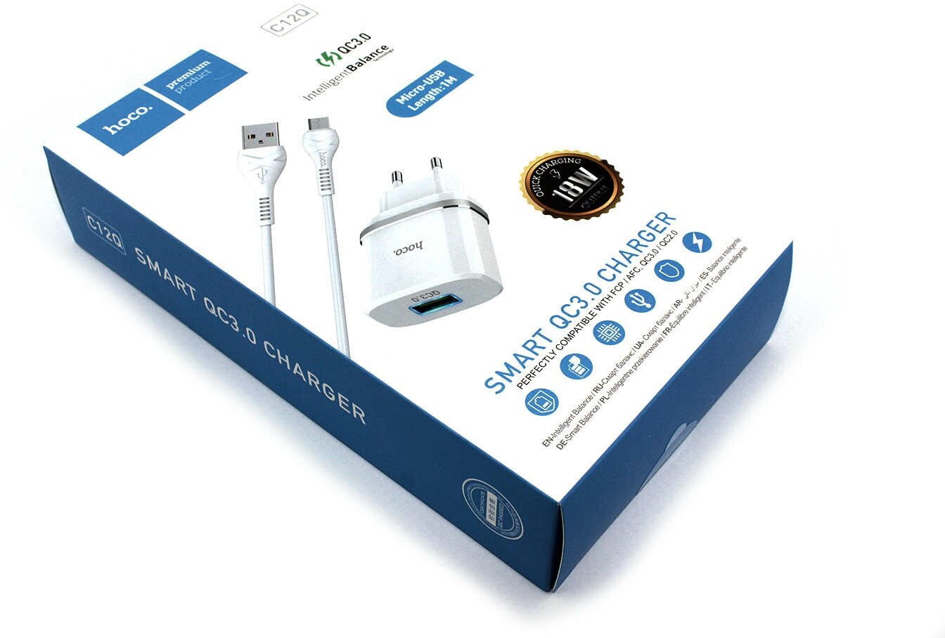 Блок питания (сетевой адаптер) HOCO С12Q Smart QC3.0, кабель Micro USB, USB, 5V, 3.0A, белый