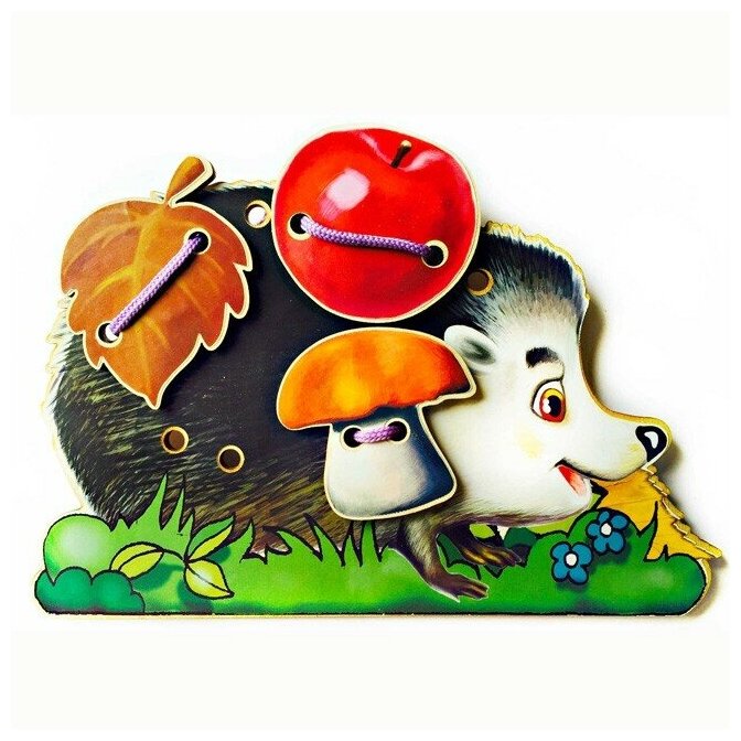 Деревянная шнуровка "Ежик", основа, шнурок и 3 фигурки, от 3 лет, дерево